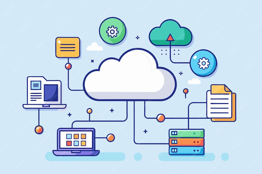 Premium Vector | A cloud with multiple devices connected for data management and synchronization ...