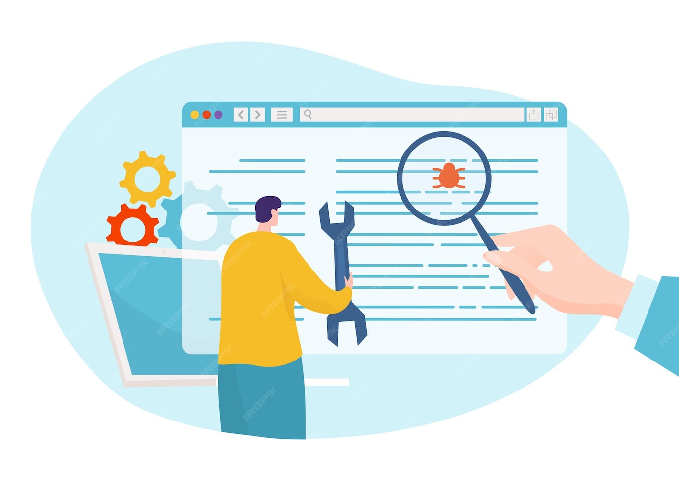 Premium Vector | Code review at screen technology vector illustration flat man character work ...