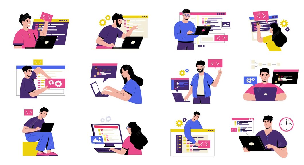 Premium Vector | Coding characters concept cartoon developers working on web programming and ...
