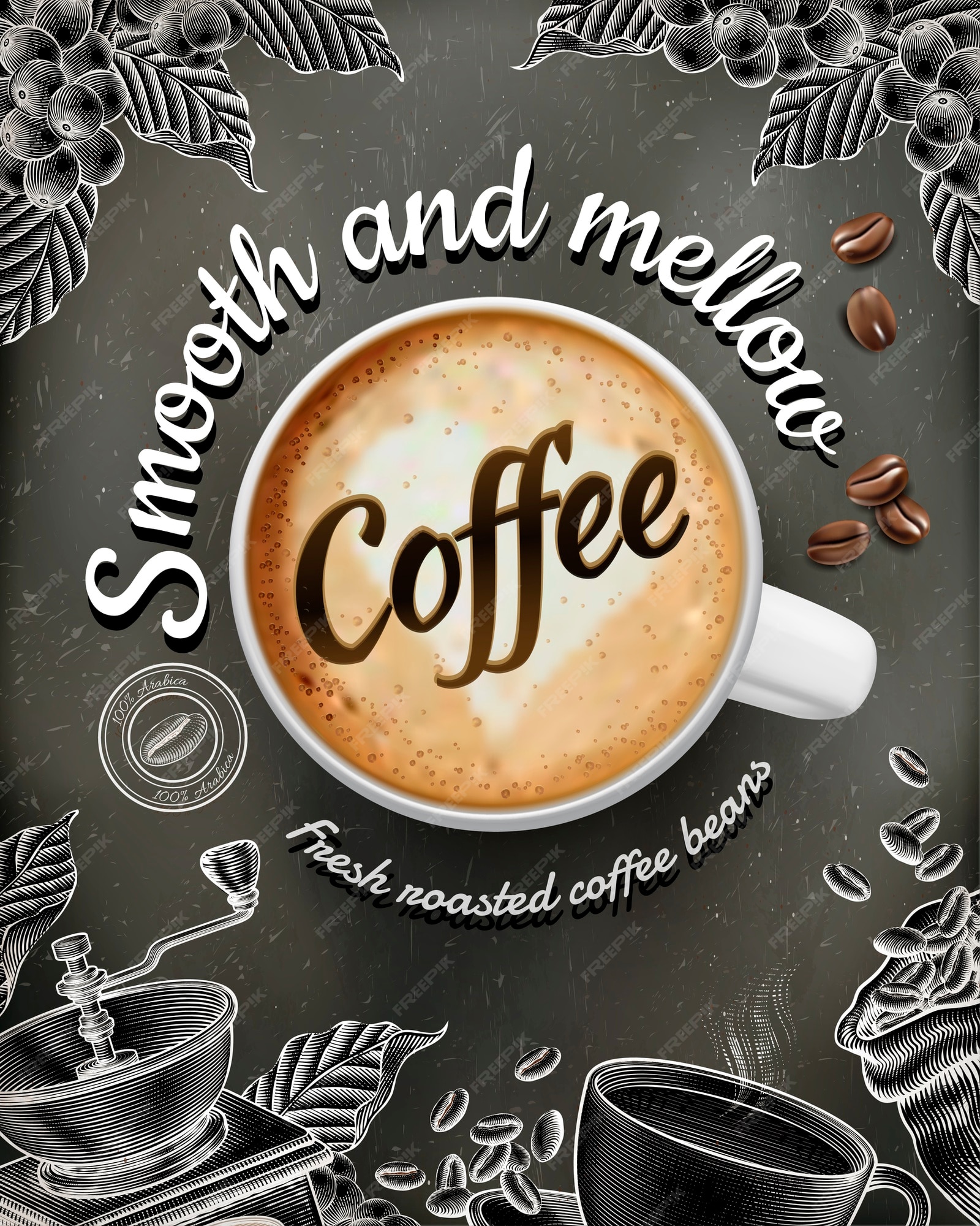 Premium Vector Coffee Poster Ads With Illustratin Latte And Woodcut Style Decorations On