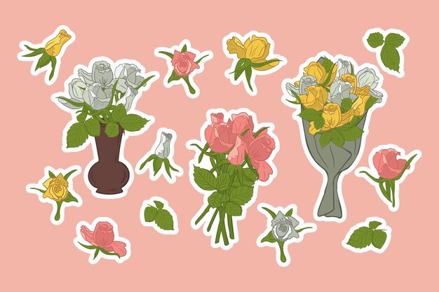 Premium Vector | Collection of colorful roses flat vector stickers Premium Vector | Collection of colorful roses flat vector stickers