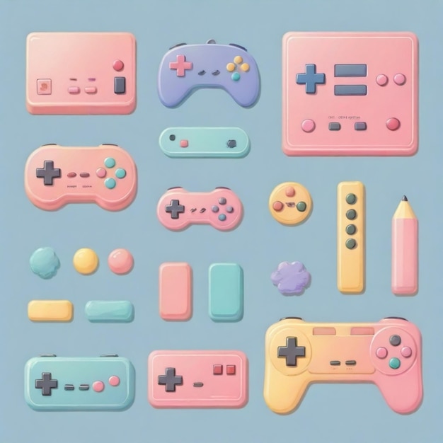 A collection of colorful video game controllers including one that says ... A collection of colorful video game controllers including one that says ...