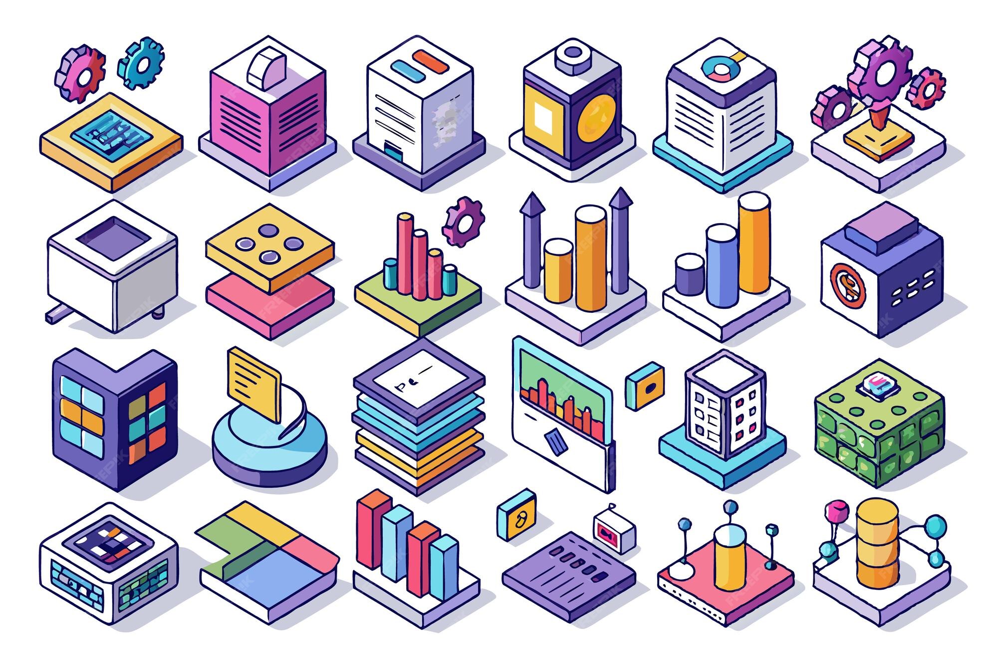 Collection of isometric icons depicting various aspects of data ... Collection of isometric icons depicting various aspects of data ...