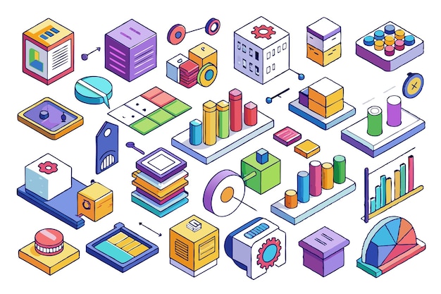 A Collection Of Isometric Icons Representing Various Data Analysis Concepts Including Charts