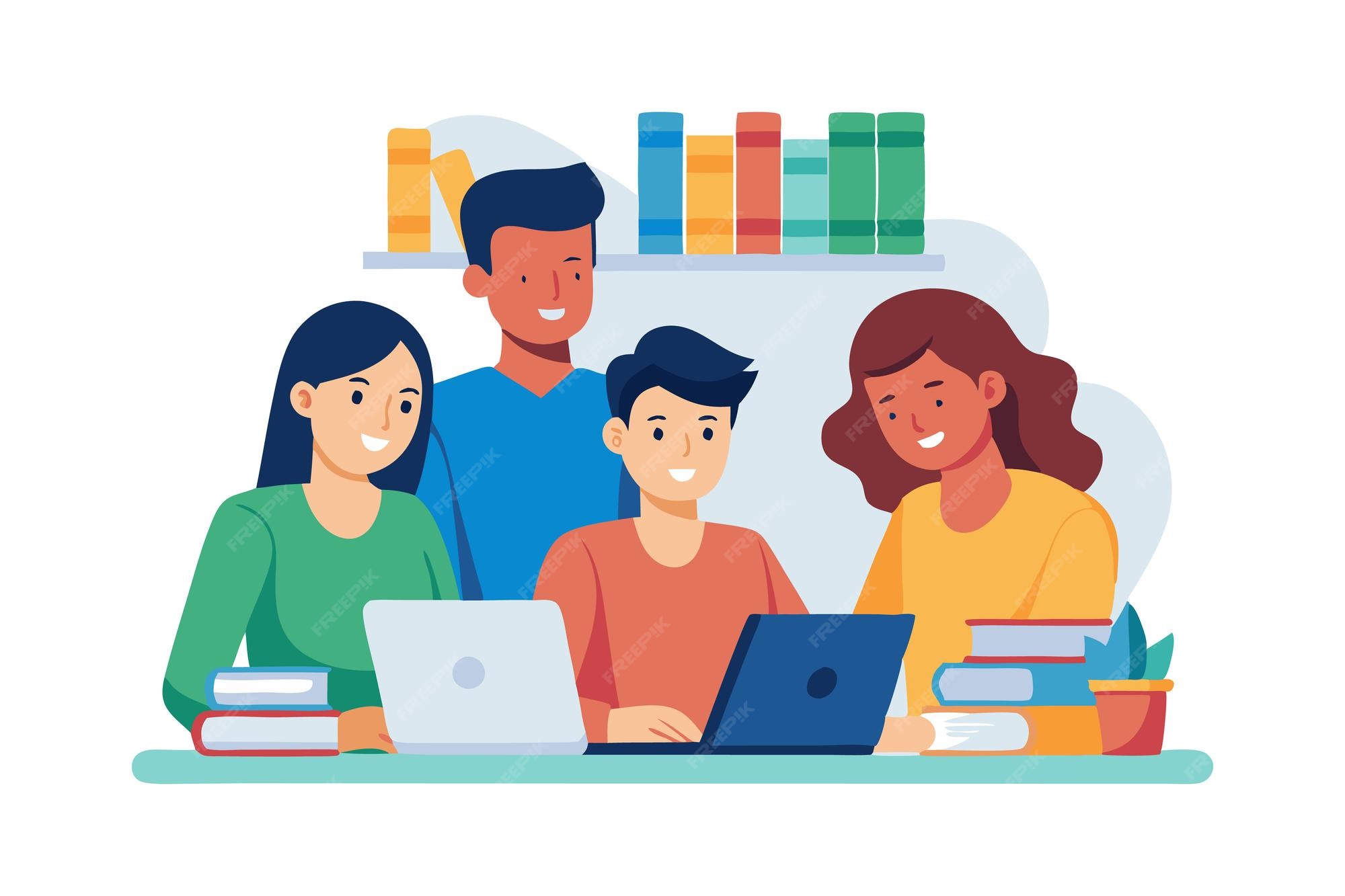 Premium Vector | College students studying together with books and laptops Premium Vector | College students studying together with books and laptops
