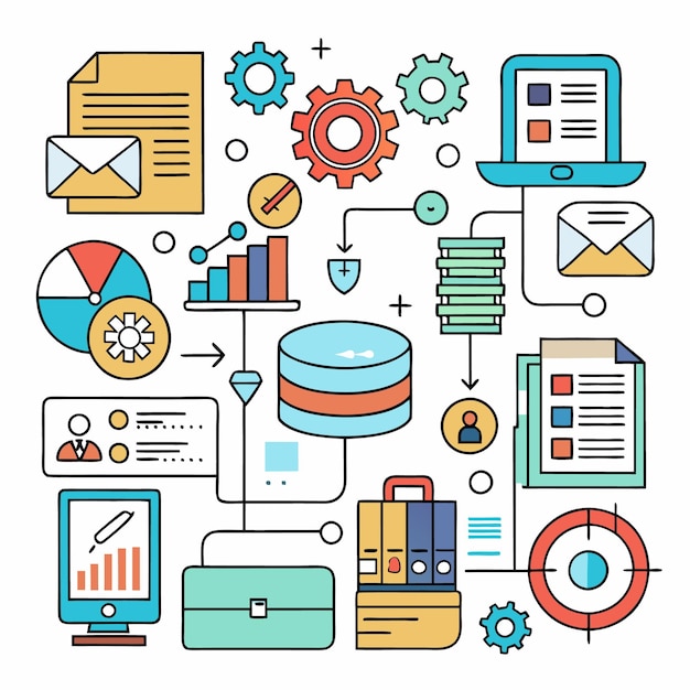 Colorful business infographic with gears charts documents and computer ... Colorful business infographic with gears charts documents and computer ...