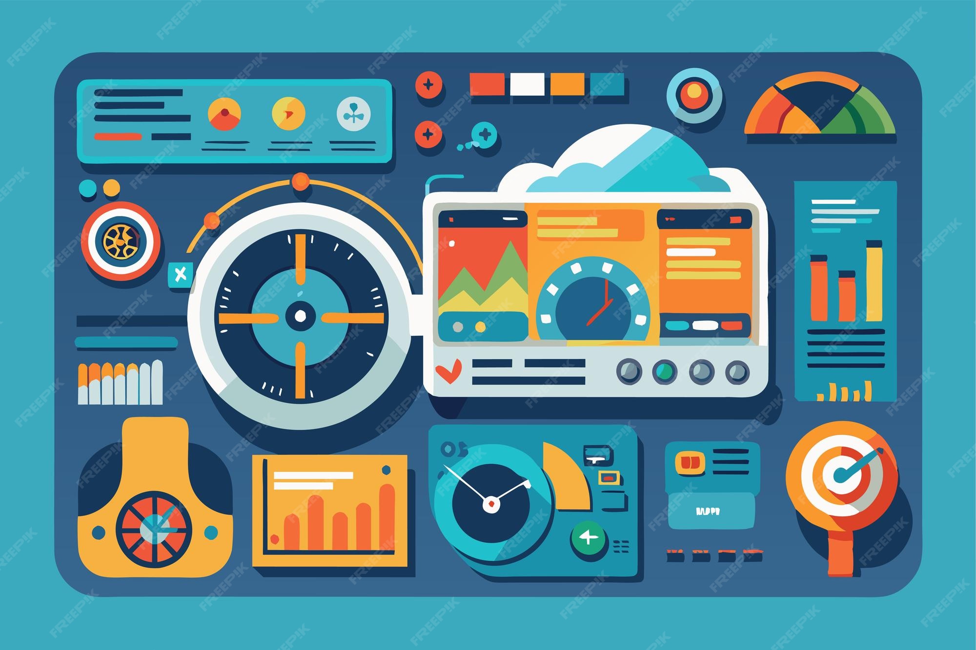 A colorful dashboard design features various data analytics tools ...