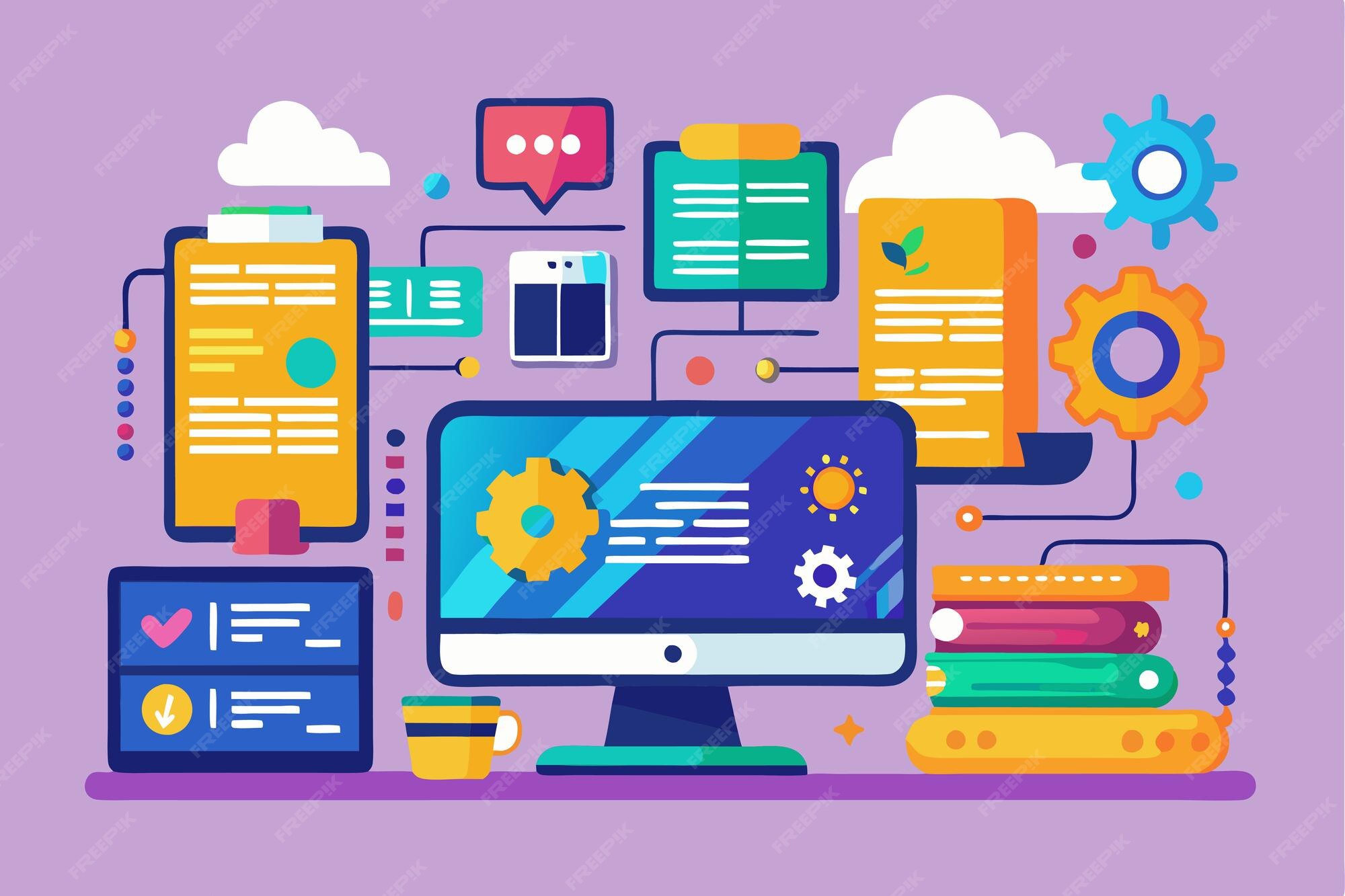A colorful illustration shows a computer display surrounded by programming tools documents and ...
