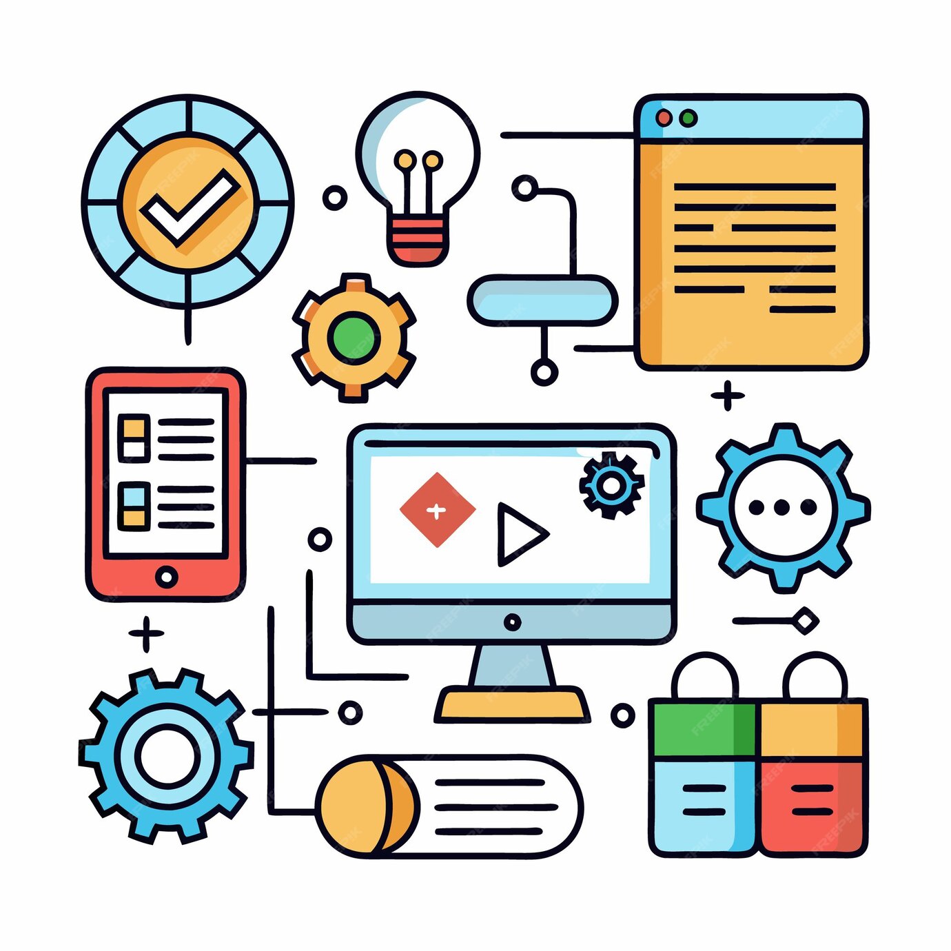 Colorful illustration of web development programming coding and technology with gears lightbulb ...