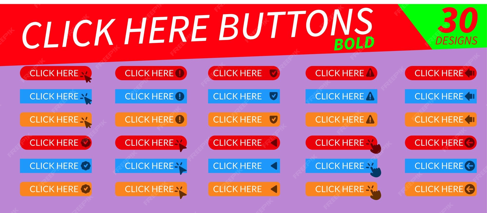 Premium Vector | Complete set of click here buttons with hand pointer arrow pointer and other ...