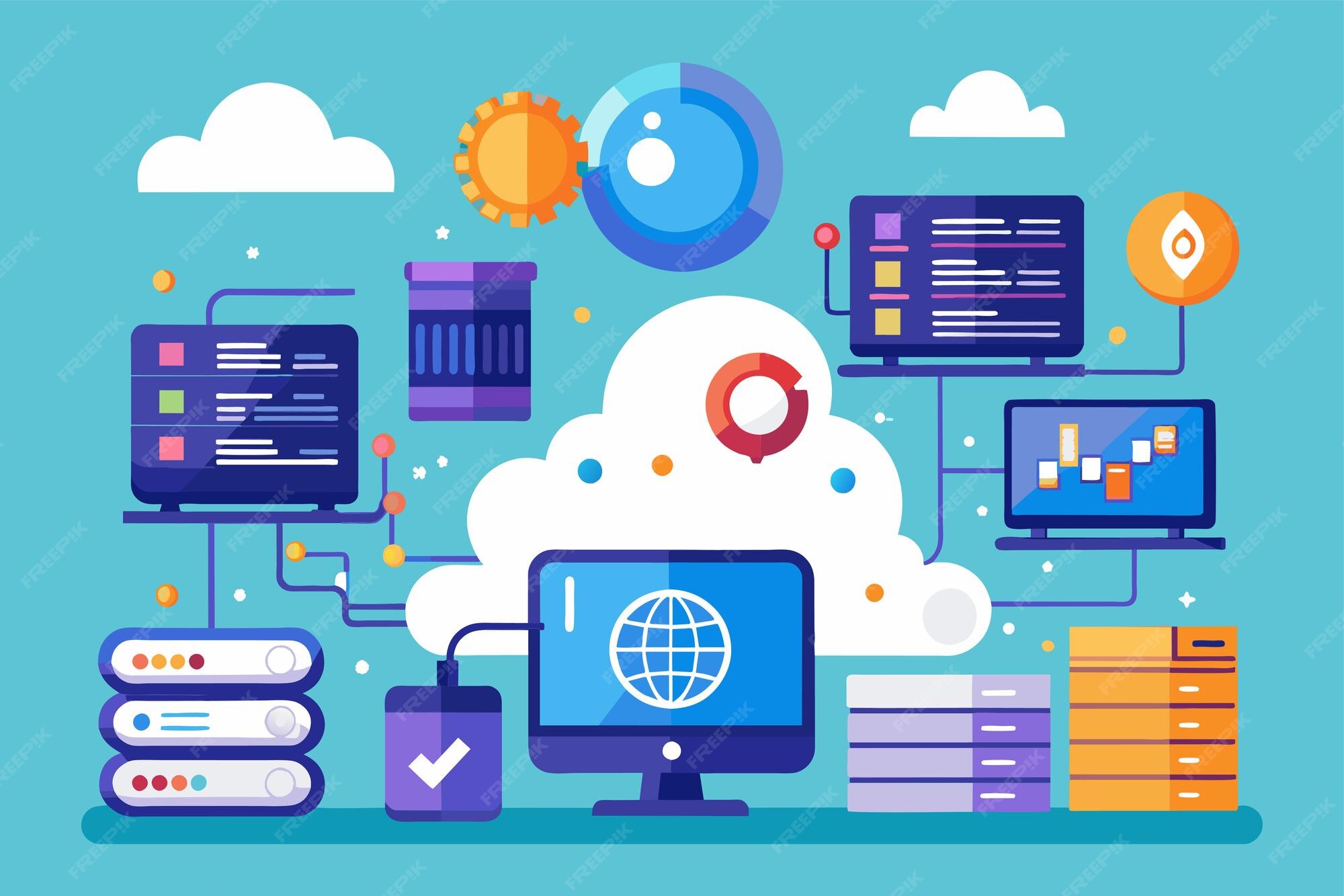 Premium Vector | Computer Balancing on Cloud Local data storage optimization of internet devices ...
