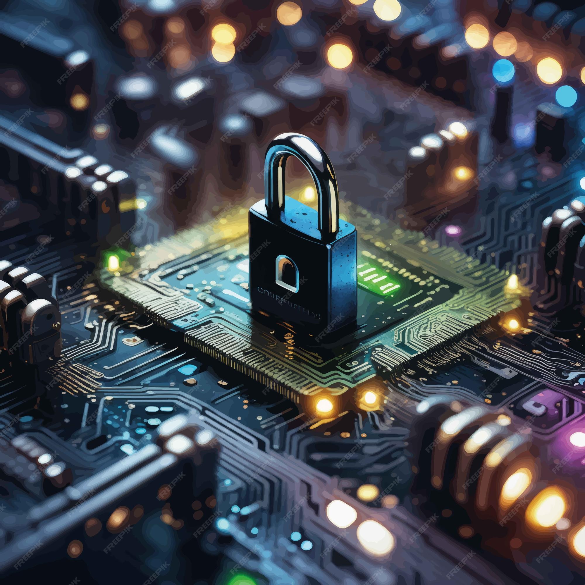 Premium Vector | Computer chip with lock computer chip with lock padlock with circuit board ...