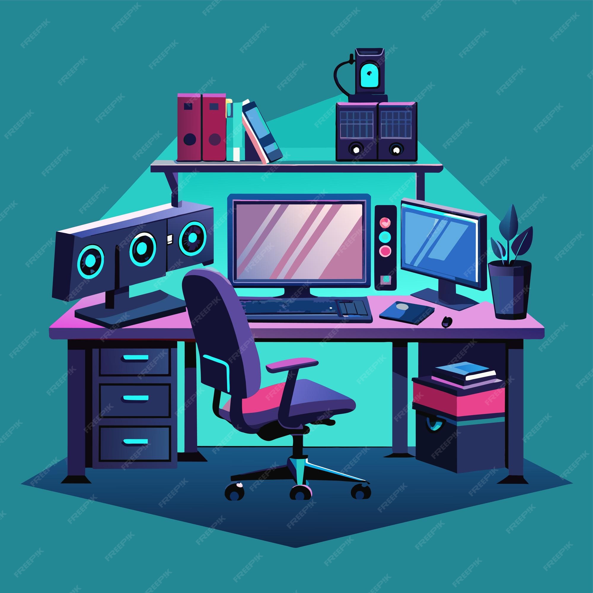 Premium Vector | A computer desk setup featuring a monitor and keyboard ...