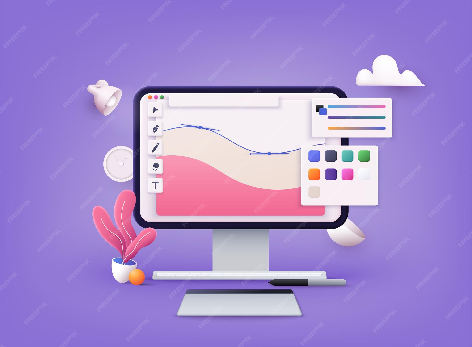 Premium Vector | Computer display with vector design program 3d web ...