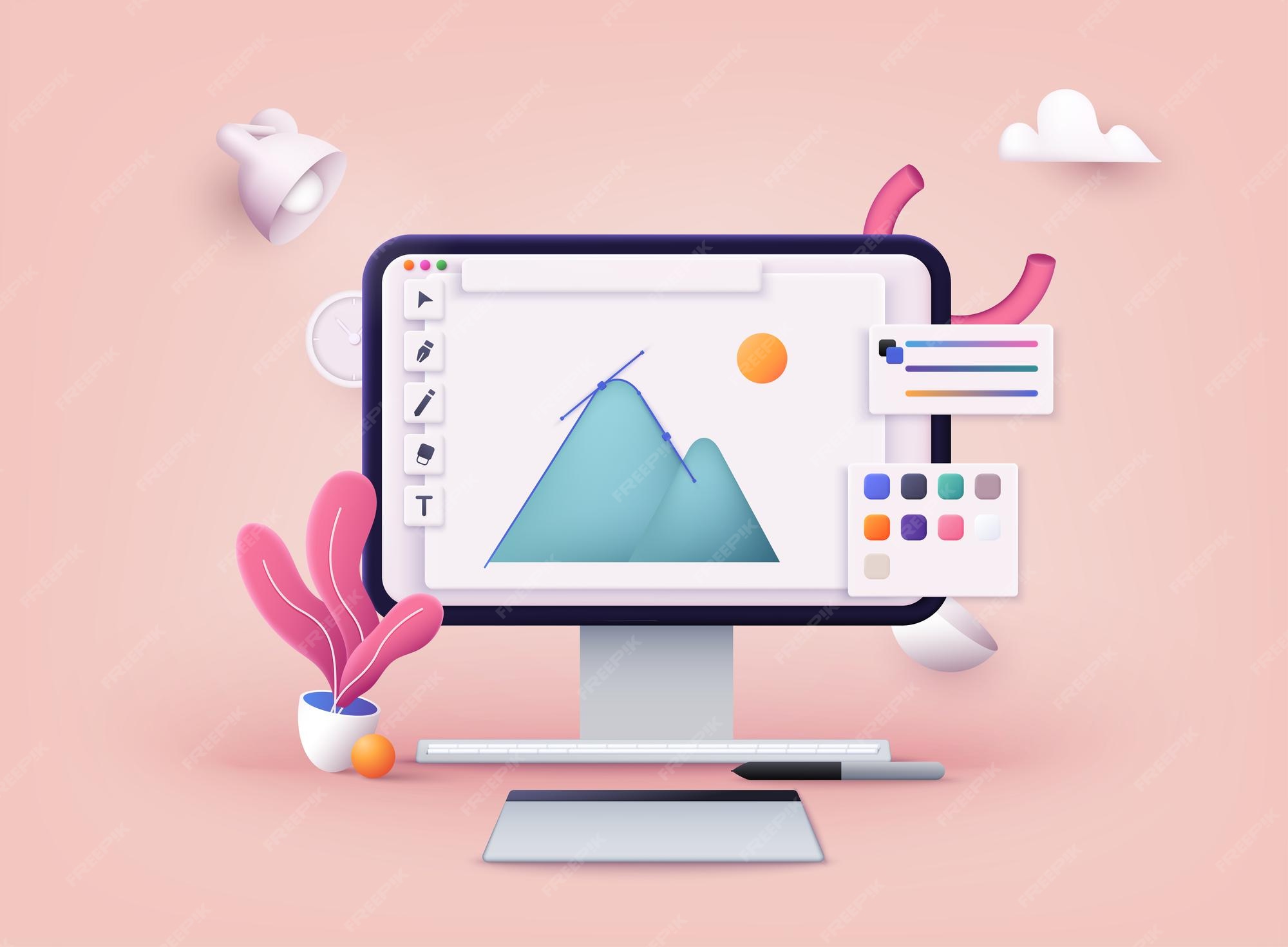 Premium Vector | Computer display with vector design program 3d web ...