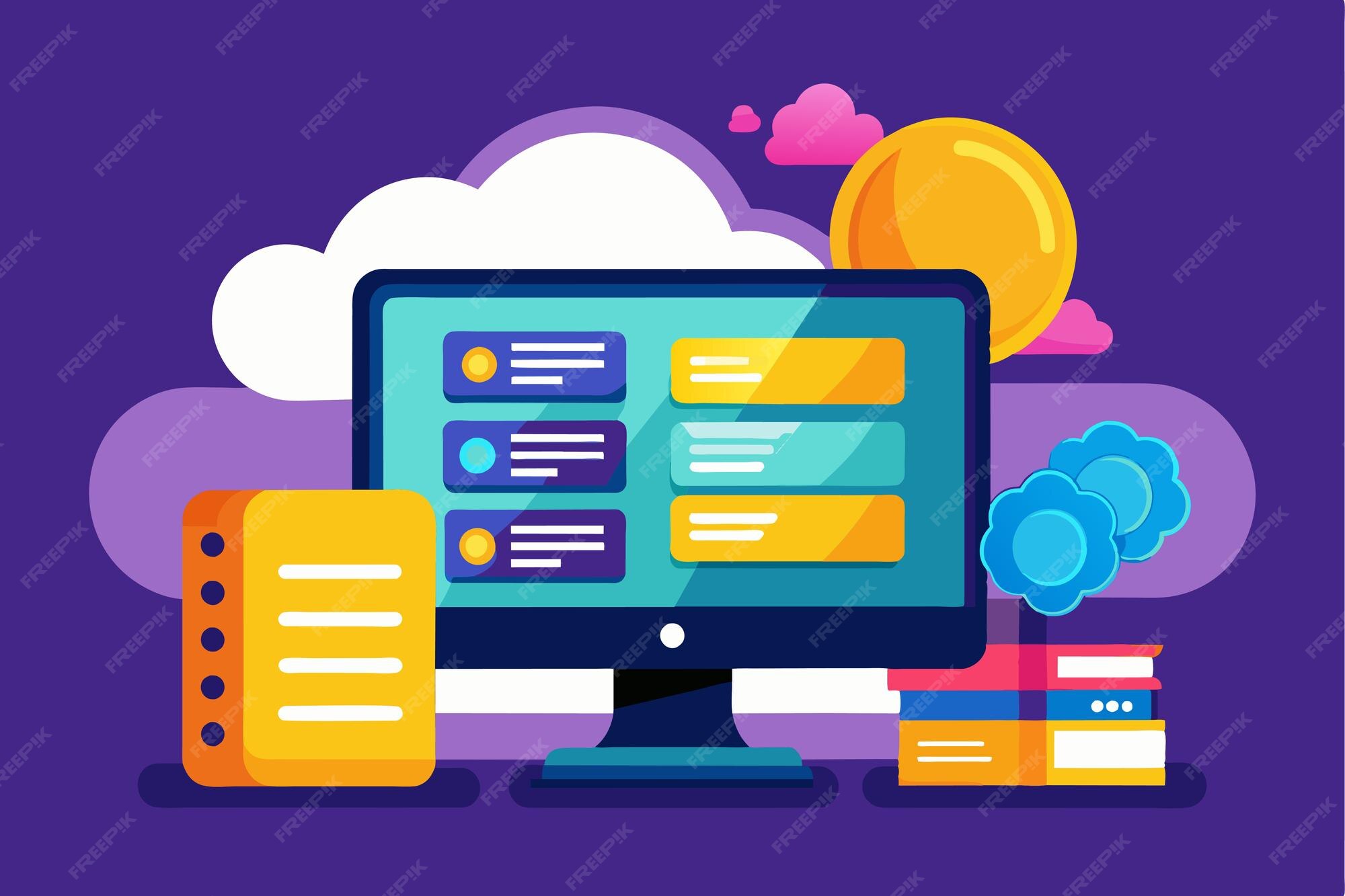 A computer displays a cloudbased database management system with various information tools ...
