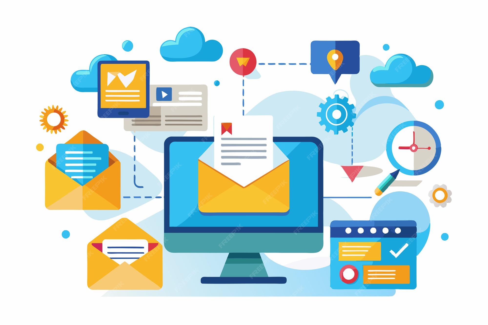 A computer displays an email being sent surrounded by graphics ...