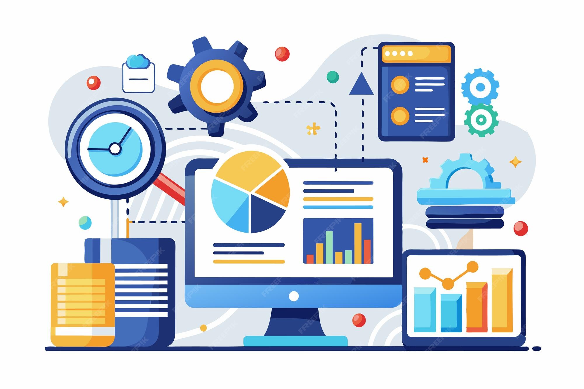 A computer displays statistical reports and database analysis ...