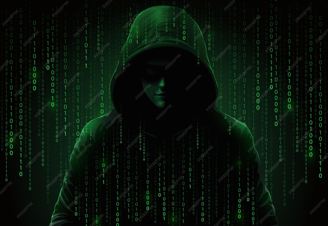 Premium Vector | Computer hacker in hoodie obscured dark face data theft internet fraud darknet ...