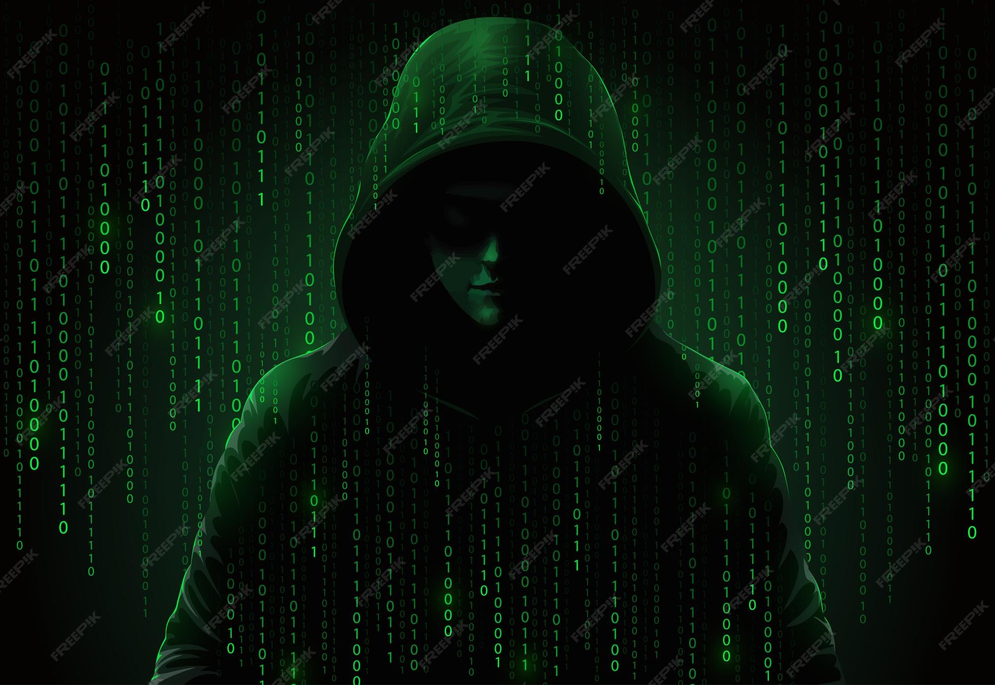 Premium Vector | Computer hacker in hoodie obscured dark face data theft internet fraud darknet ...