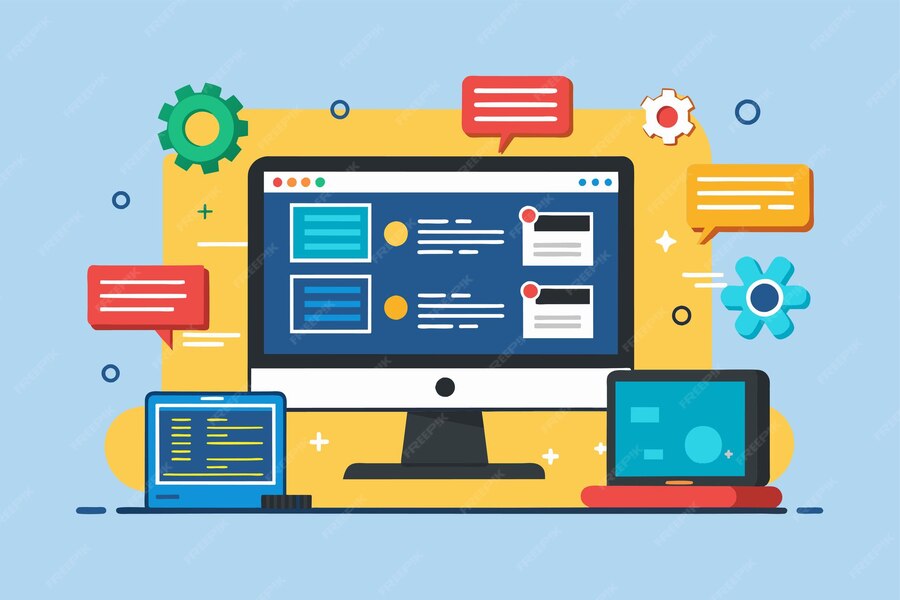 Premium Vector | A computer monitor and multiple laptops positioned on ...