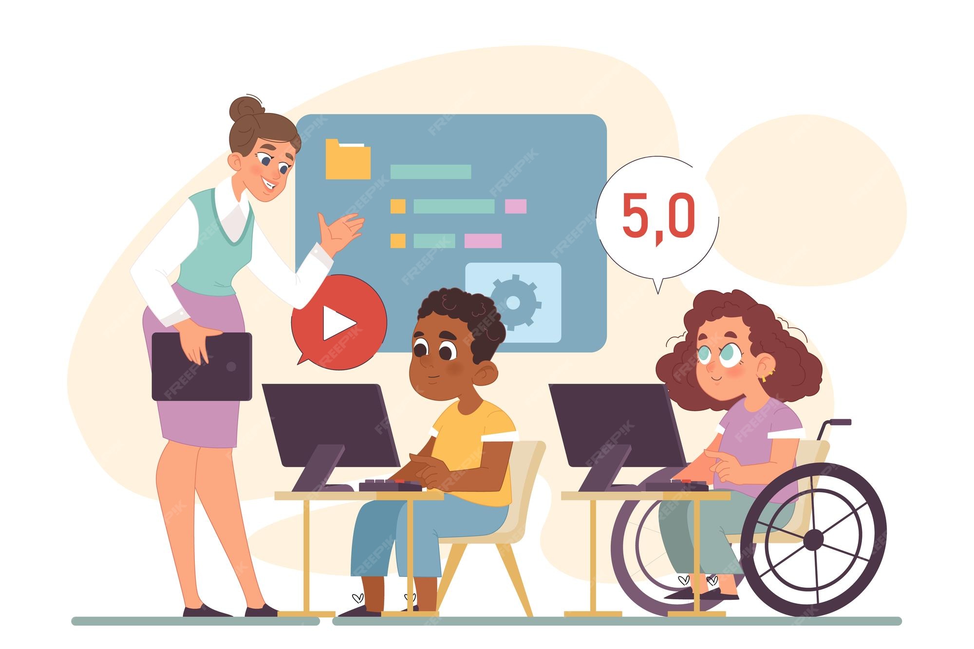 Premium Vector | Computer science class for kids diverse children ...