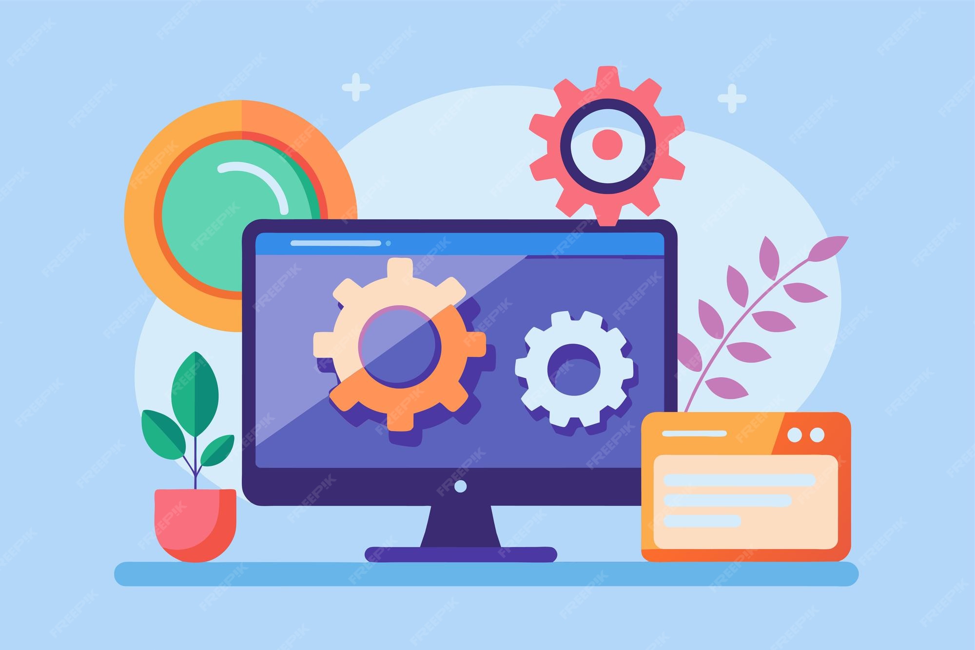 A computer screen displaying gears symbolizing system maintenance and ...