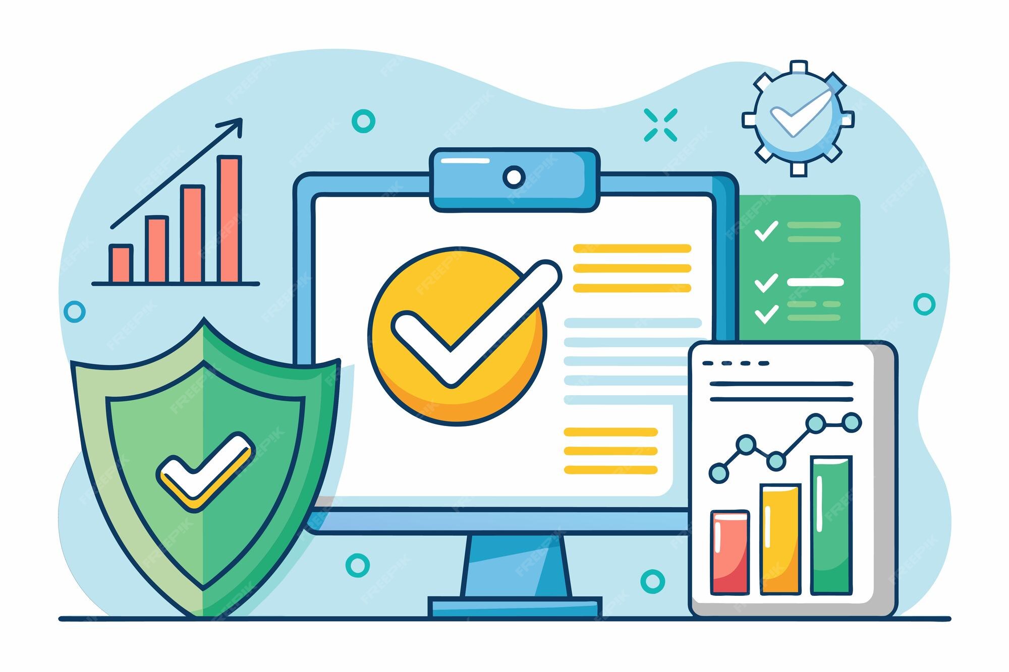 Premium Vector | Computer screen displaying a shield with a check mark ...