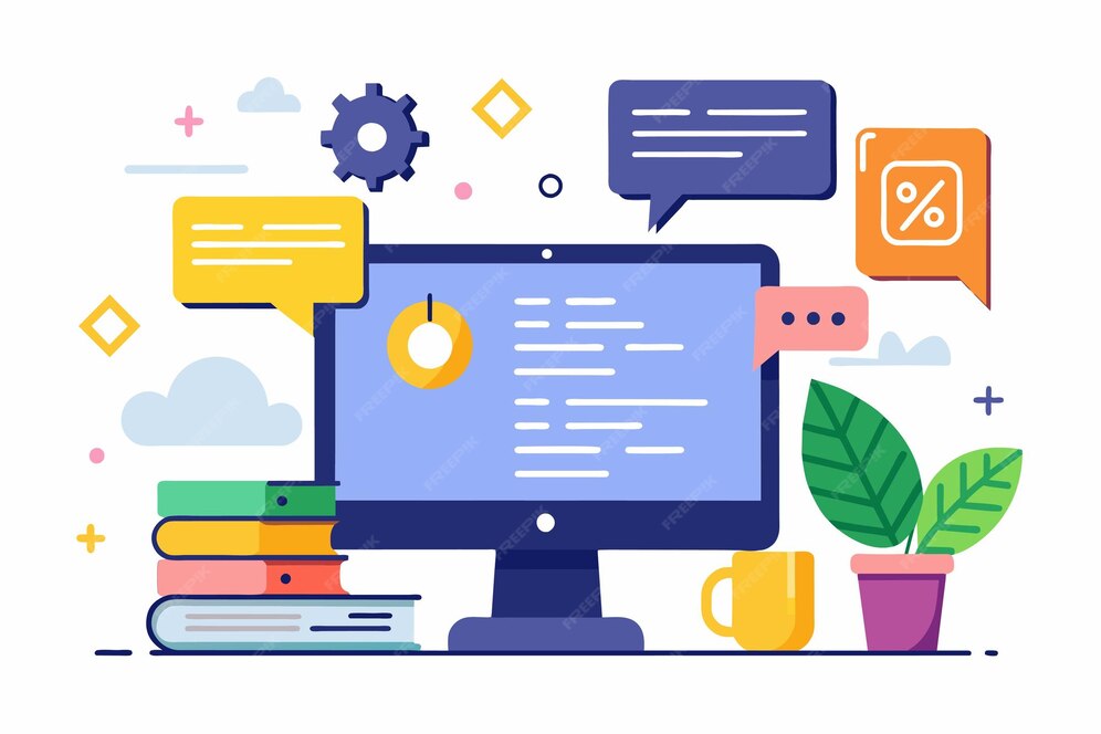 Premium Vector | Computer screen displaying speech bubbles above it ...