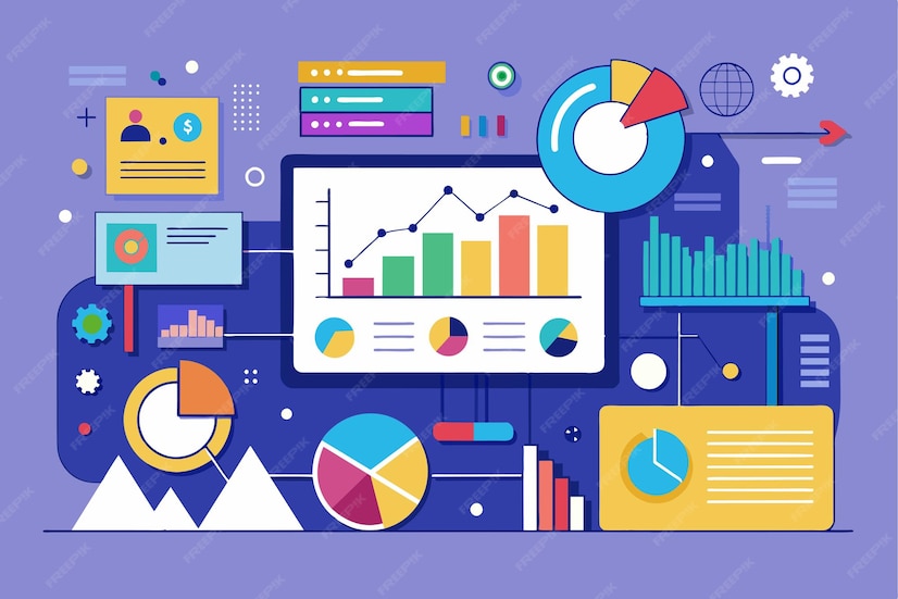 Premium Vector | A computer screen displaying various graphs and pie ...