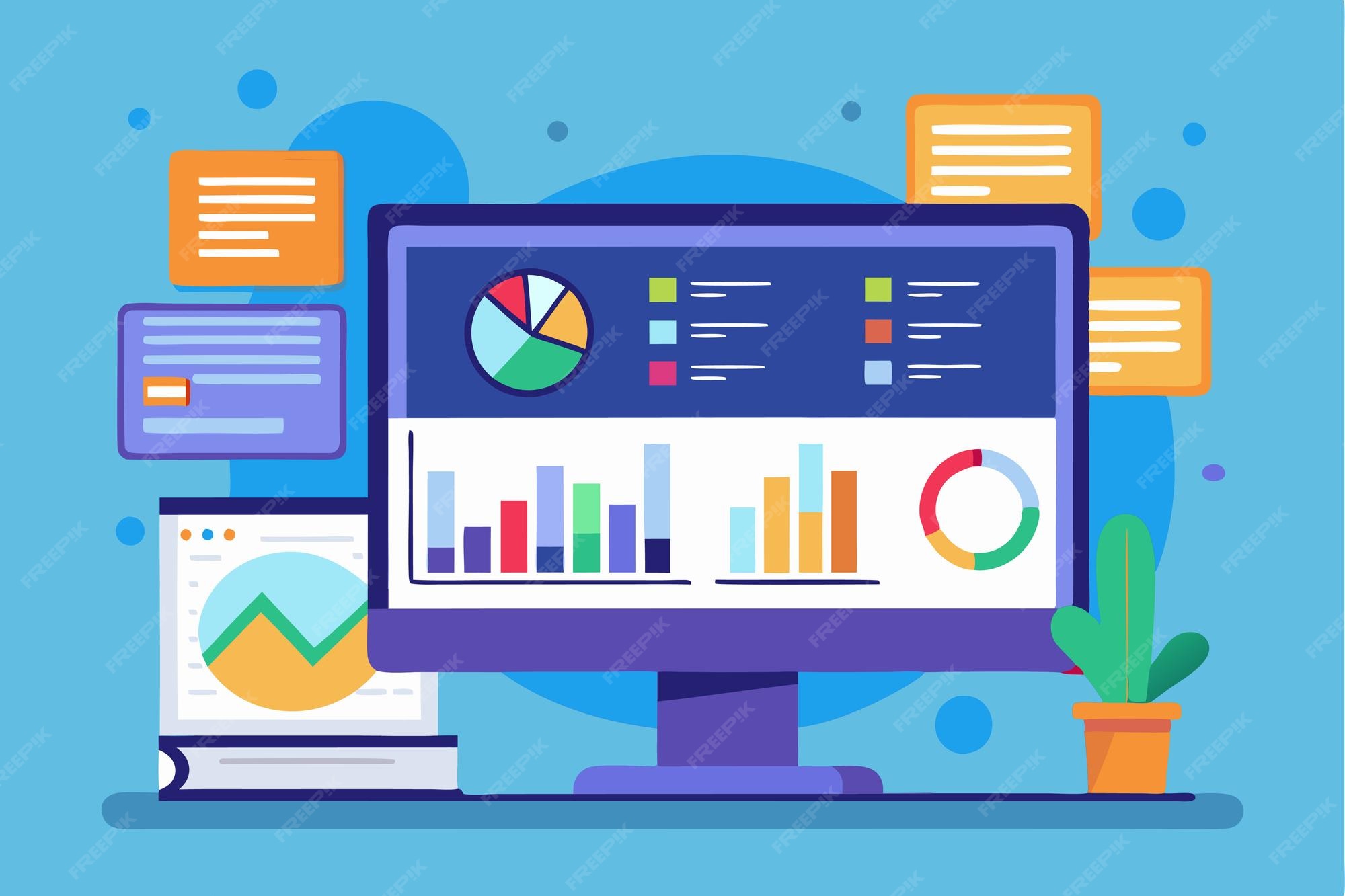 A Computer Screen Showcases Data Visuals With Colorful Charts And Graphs For Analysis Computer