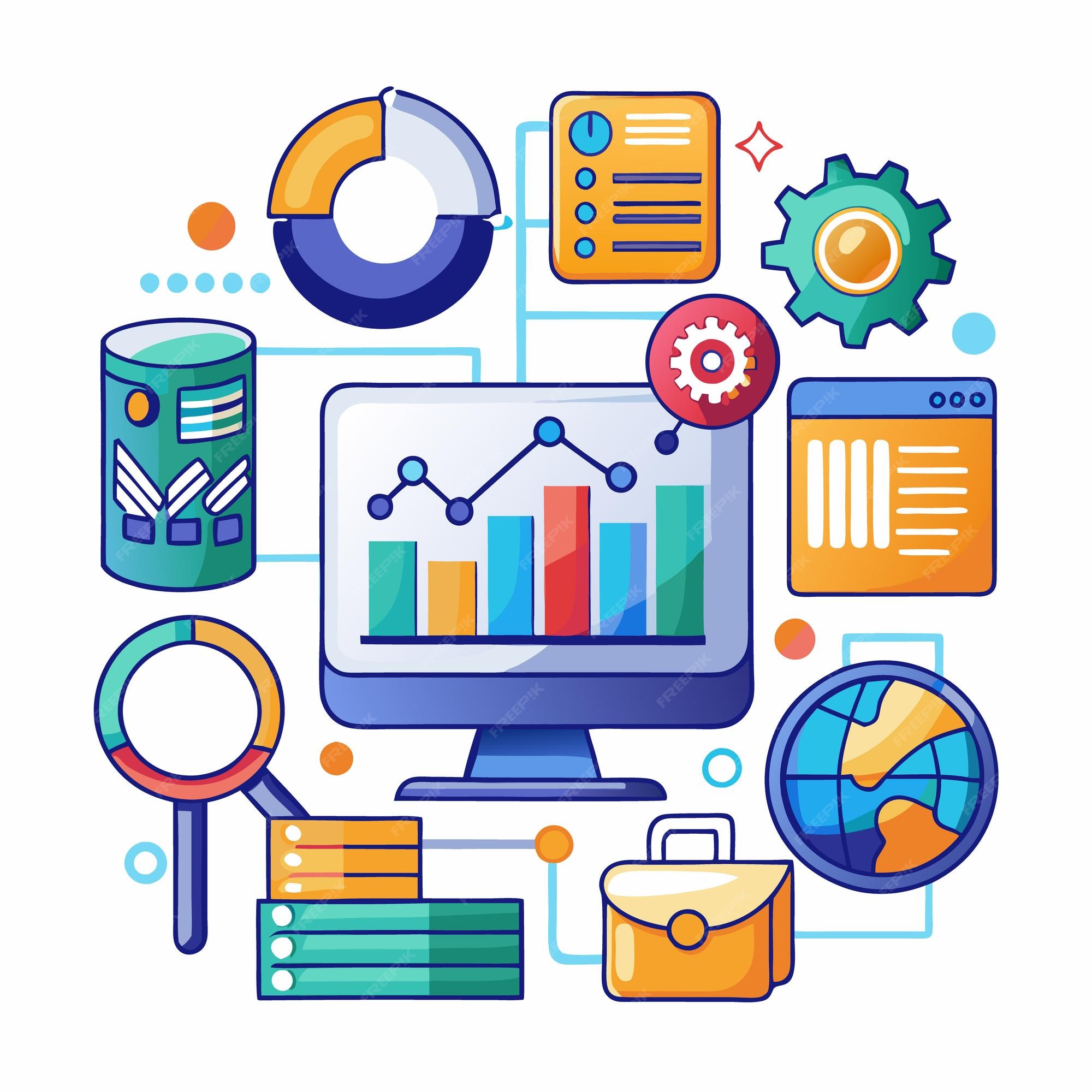 A computer screen showing a bar and line graph surrounded by icons that ...