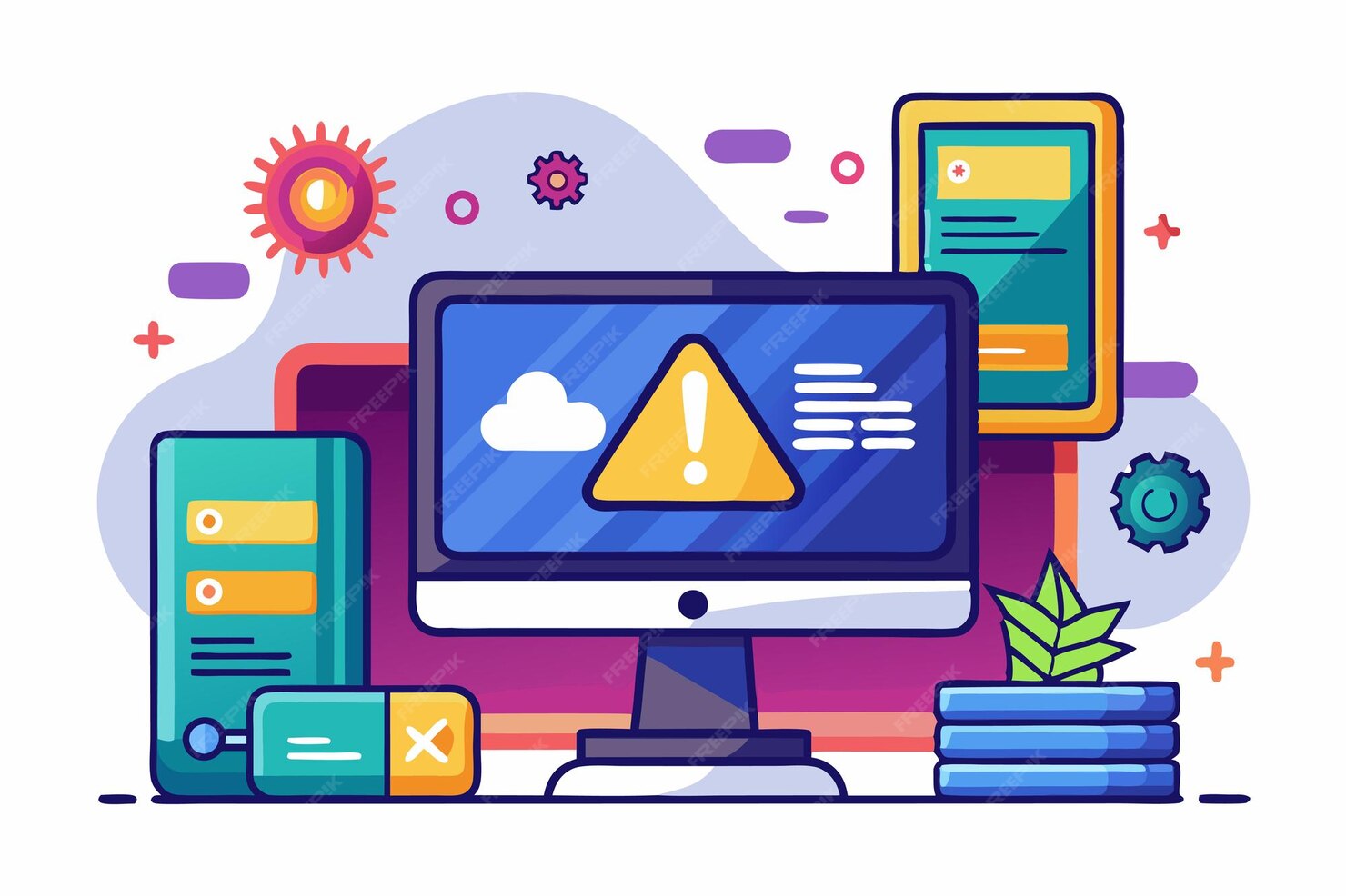 A computer screen shows an operating system error with alert signs ...