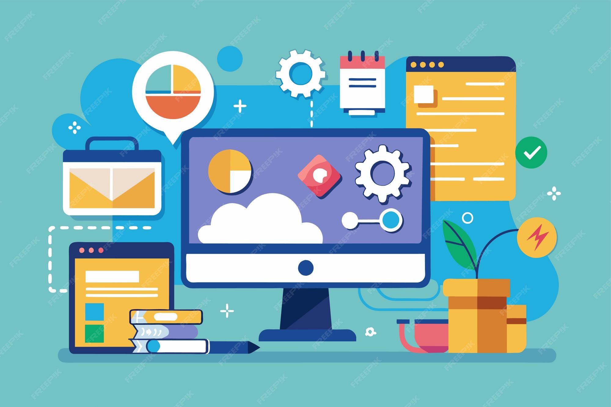 Premium Vector | A computer screen sits amidst different devices ...