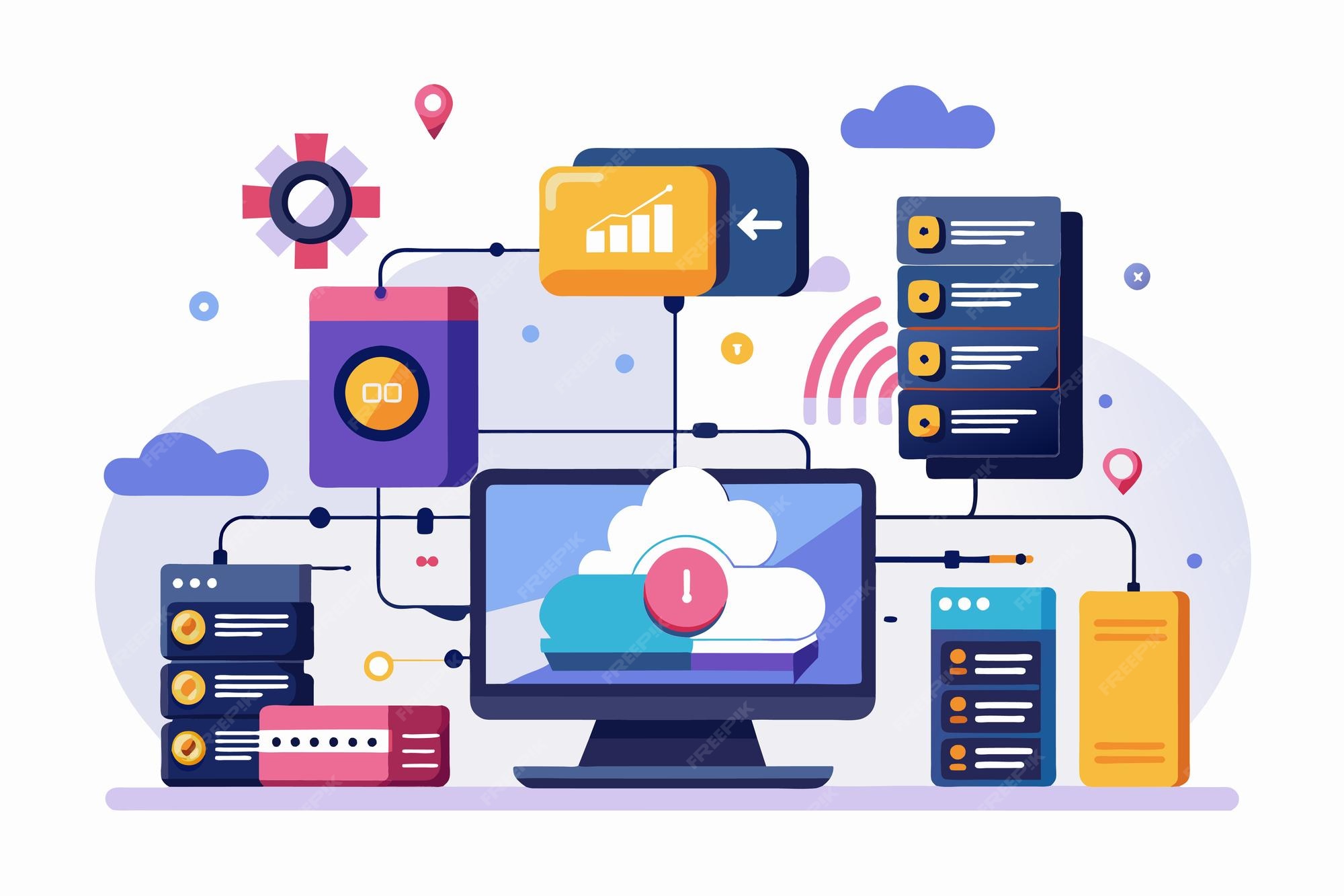 Premium Vector | Computer with cloud local data storage optimization of internet devices and web ...