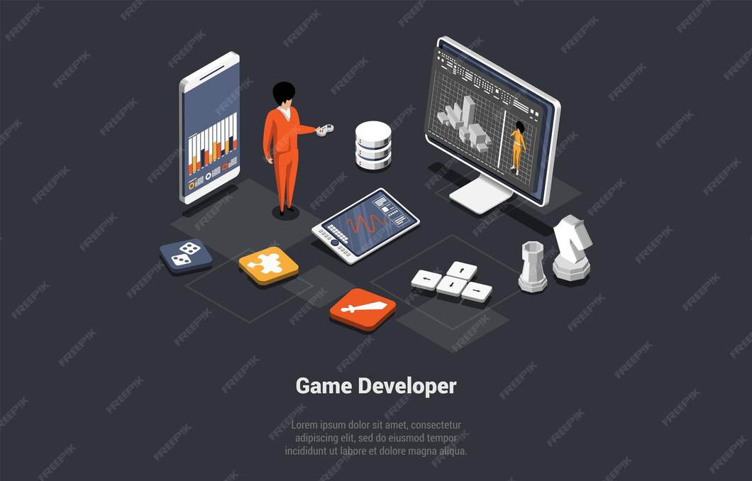 Premium Vector Concept Of Game Development Male Character Developer In Process Of Create And