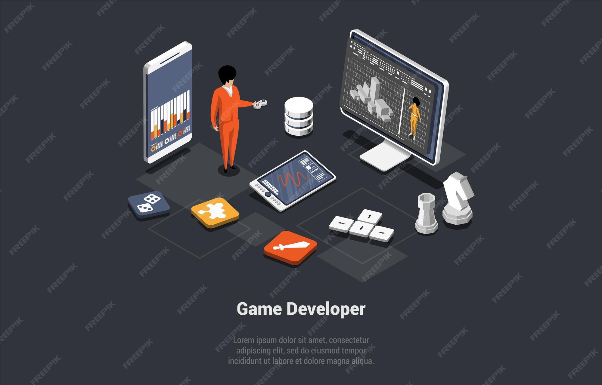 Premium Vector | Concept of game development male character developer ...