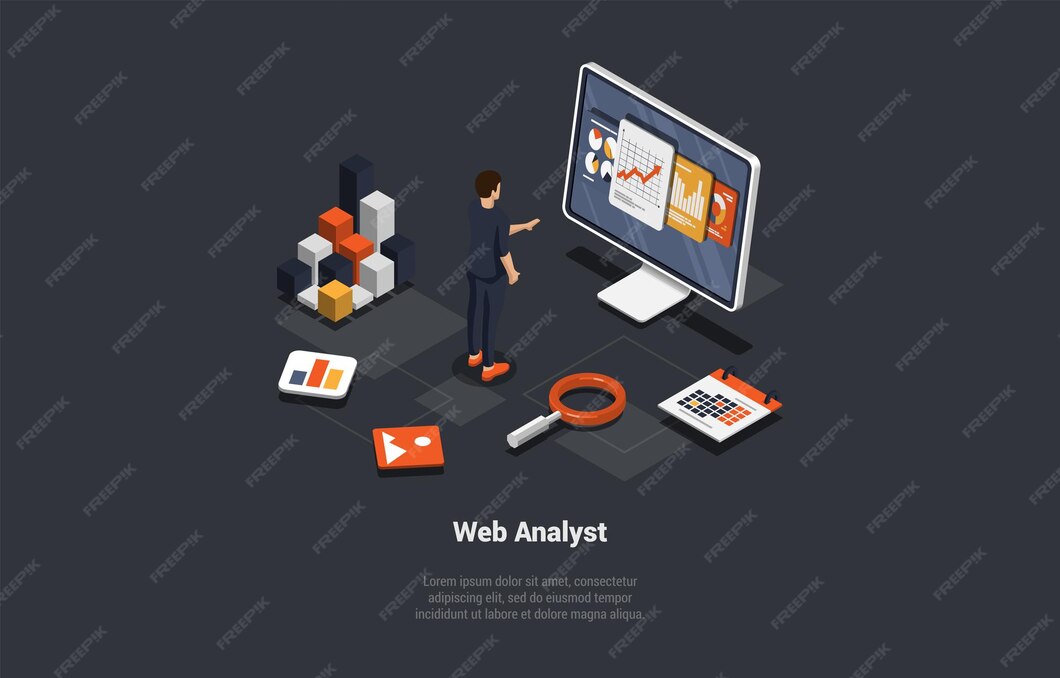 データ分析のデバッグとアナリスト Web アナリストの男性マーケティング担当者のテスト データ分析ビジネスのグラフ ダイアグラムを分析し、データ等尺性 3 D 漫画ベクトル図をレポートの概念 7793