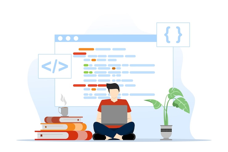 Premium Vector | Concept of web design and mobile app programmer working and coding for remote ...