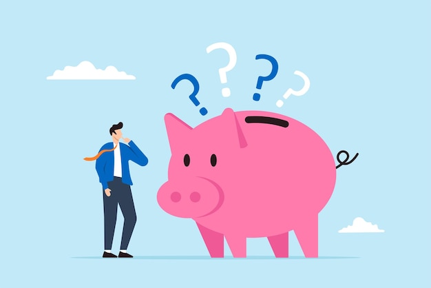 Premium Vector | Confused businessman with piggybank and question marks Premium Vector | Confused businessman with piggybank and question marks