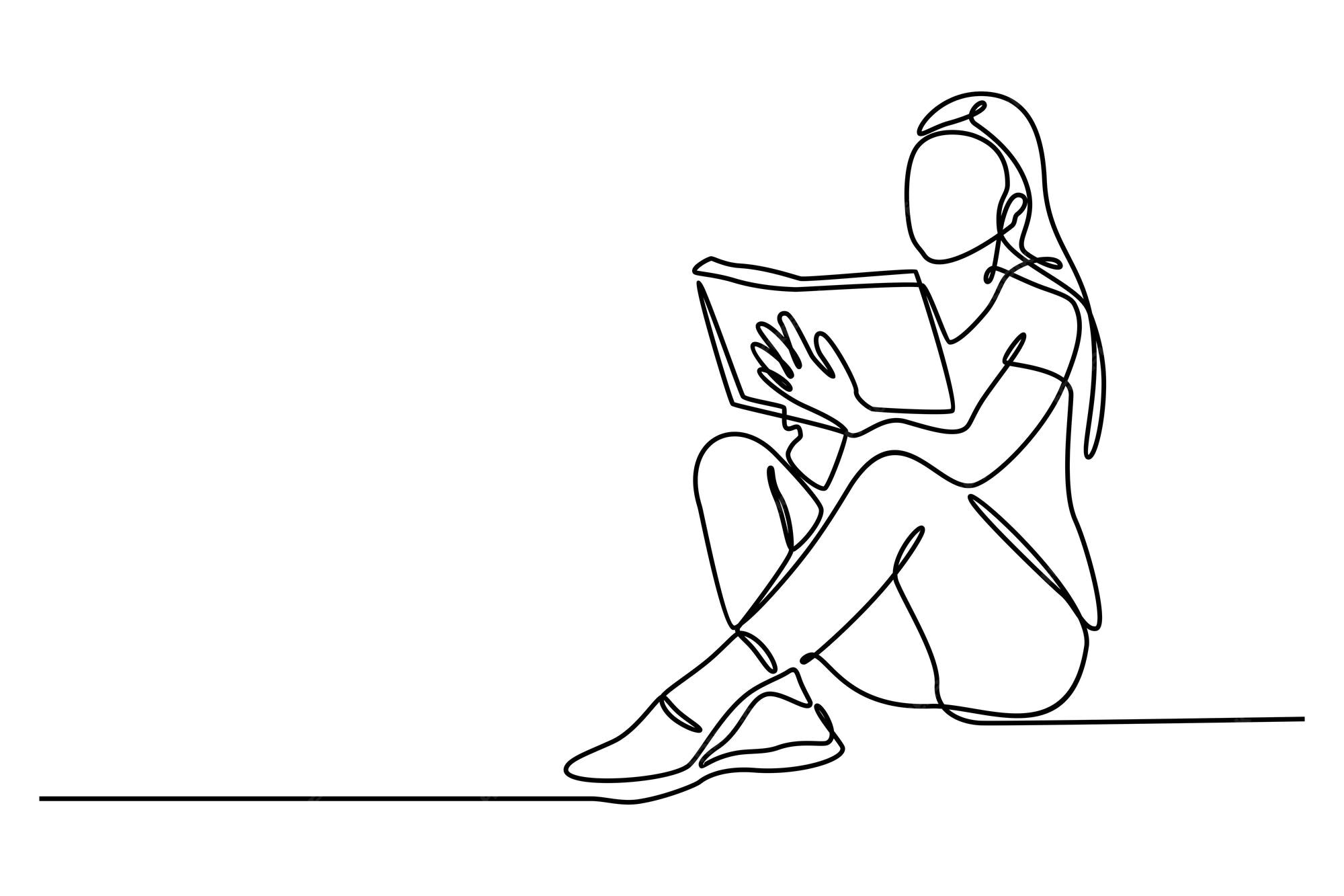 Premium Vector Continuous Line Drawing Of Young Woman Reading A Book On The Floor Vector