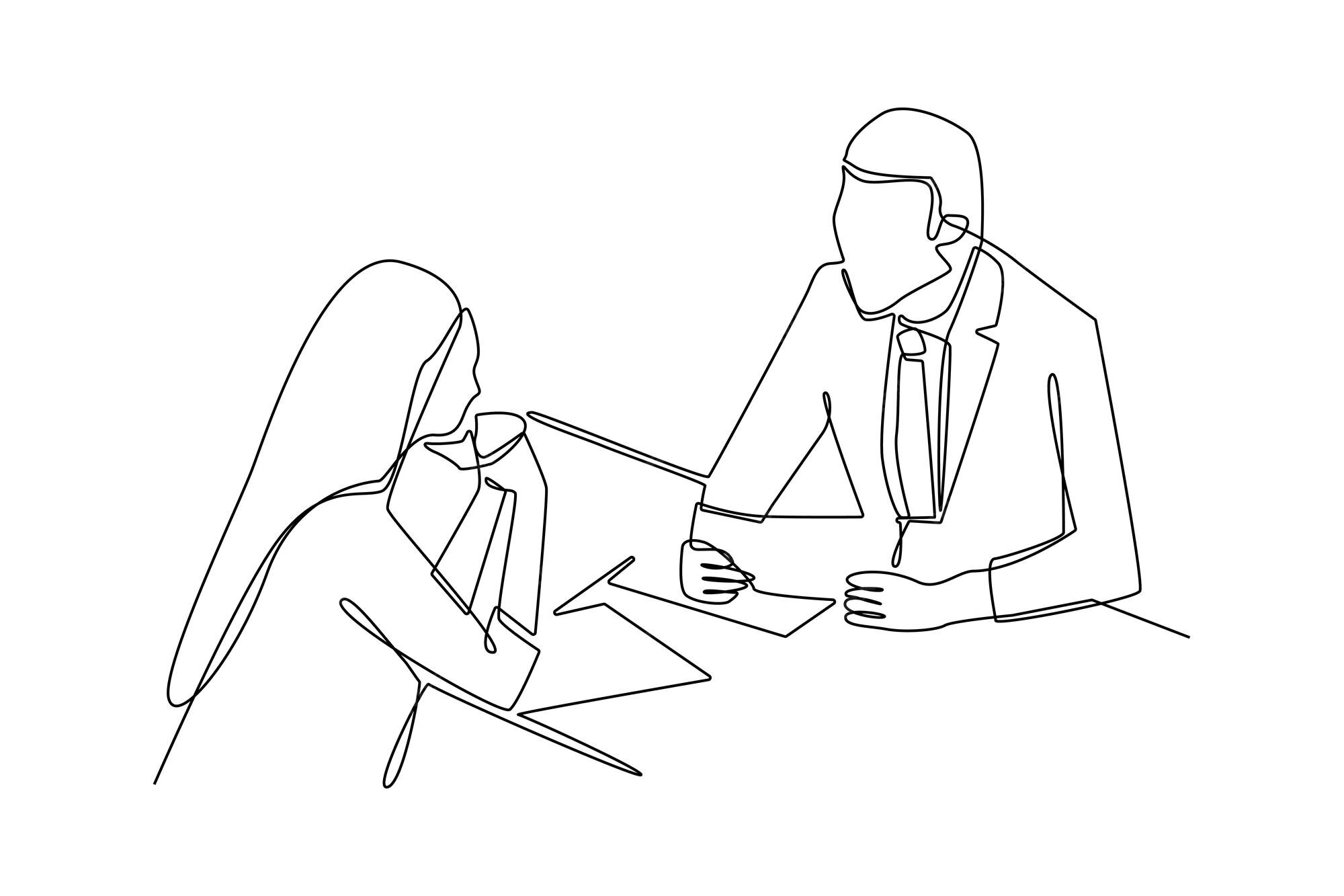 연속 한 선 그리기 사업가 앉아서 사무실에서 젊은 전문직 남자와 상담 비즈니스 컨설팅 개념 한 줄 그리기 디자인 벡터 그래픽 그림 프리미엄 벡터