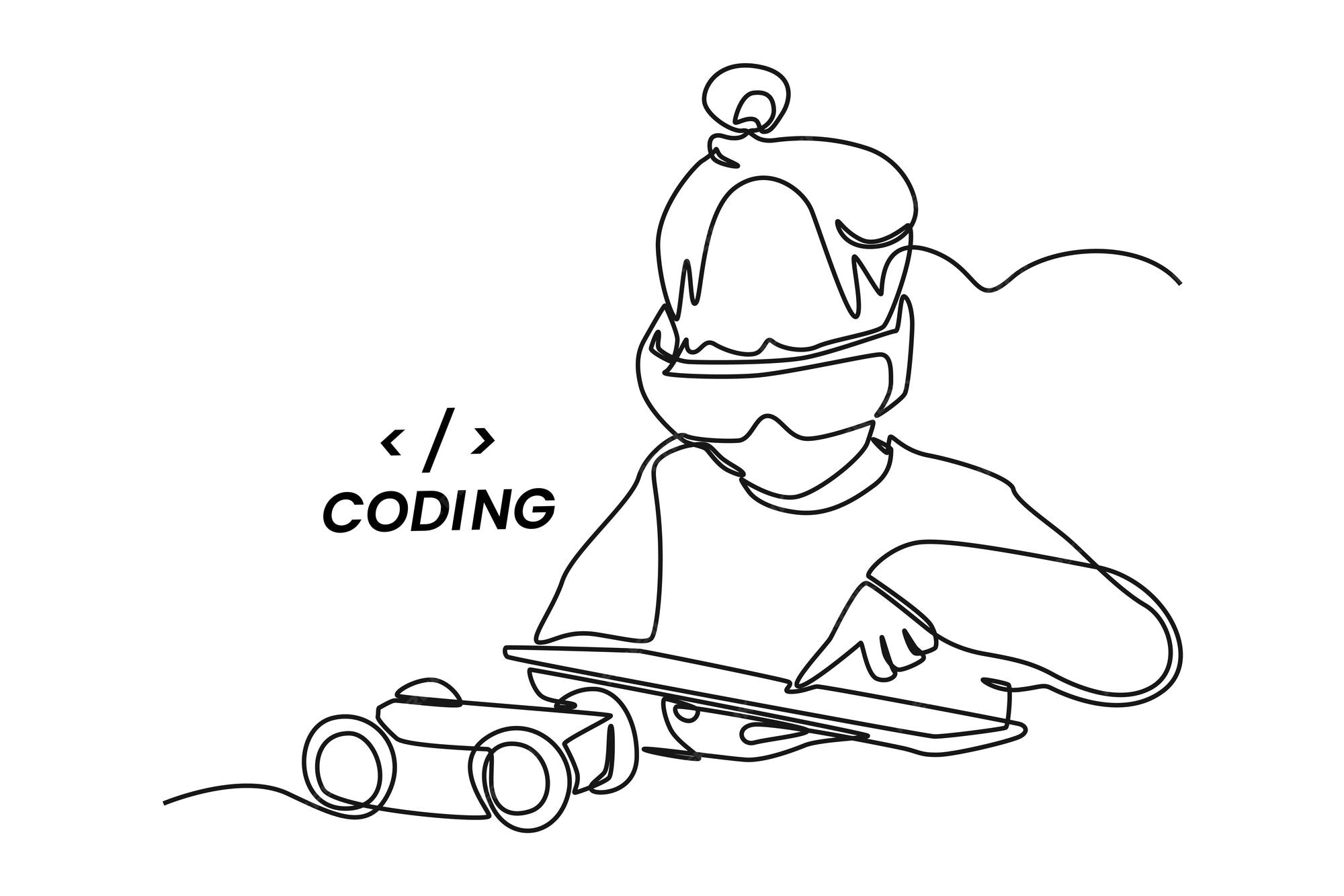 Premium Vector | Continuous one line drawing girl kid programmer makes programming language code ...