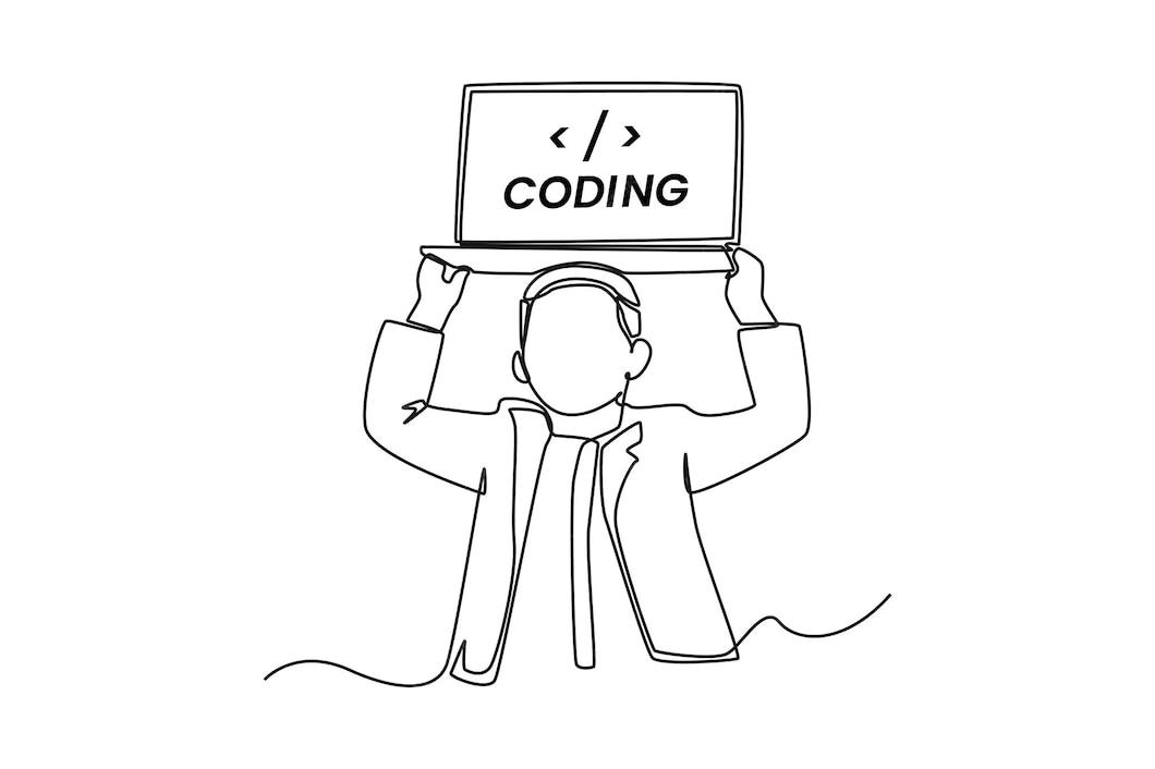 Premium Vector | Continuous one line drawing happy boy kid programmer showing programming code ...