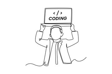 Premium Vector | Continuous one line drawing happy boy kid programmer showing programming code ...