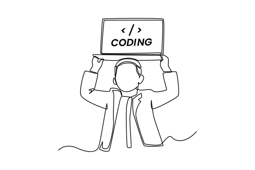 Premium Vector | Continuous one line drawing happy boy kid programmer ...