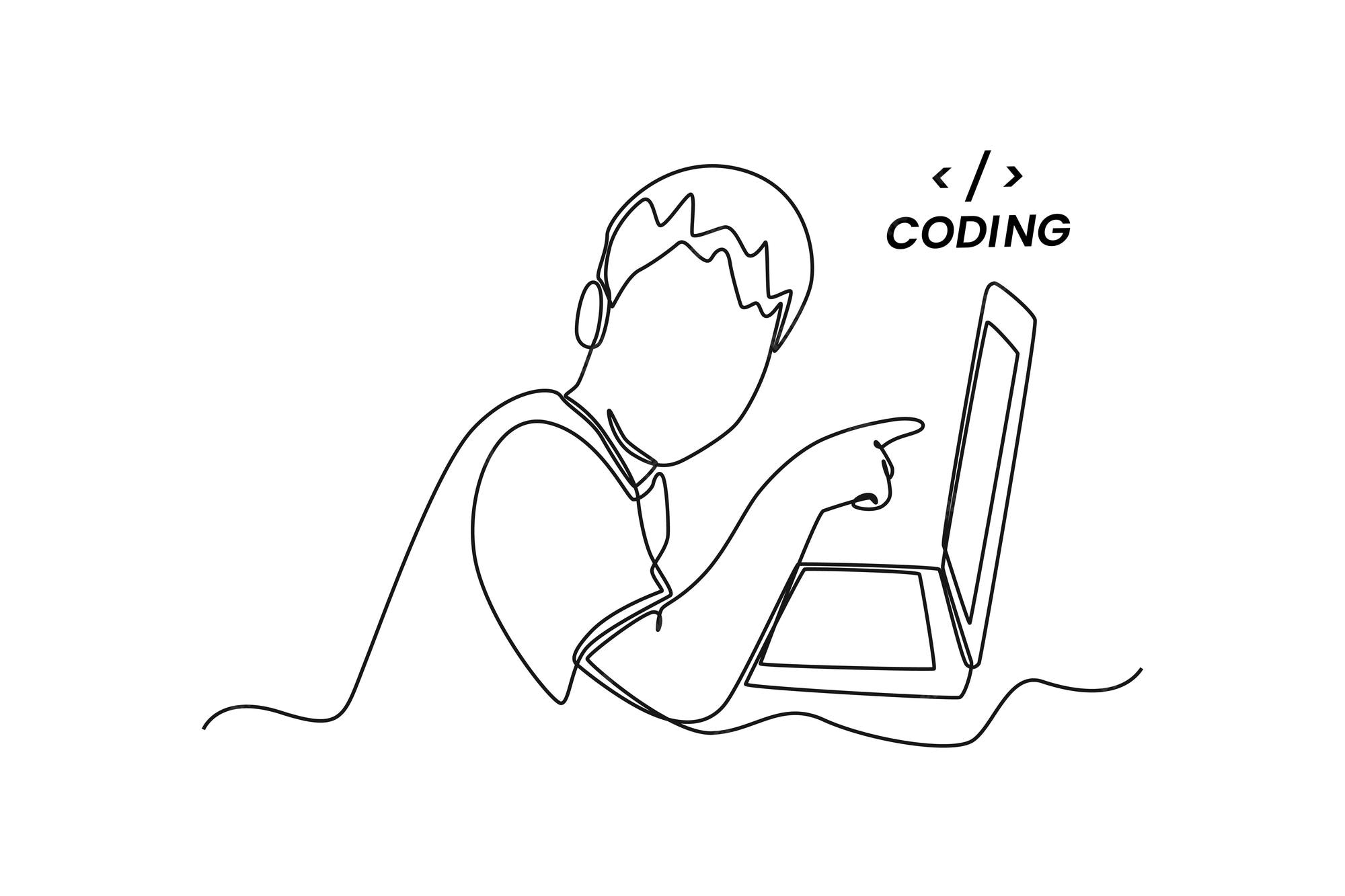 노트북 프로그래밍 코드 개념에서 코딩을 가리키는 연속 한 줄 그리기 행복한 프로그래머 한 줄 그리기 디자인 벡터 그래픽 그림 프리미엄 벡터