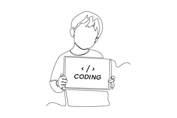 Premium Vector | Continuous one line drawing happy programmer pointing programming code in ...