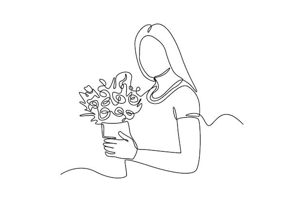 연속 한 선 그리기 꽃 봄 개념의 양동이를 들고 행복한 여자 한 줄 그리기 디자인 벡터 그래픽 그림 프리미엄 벡터