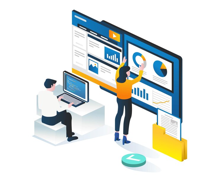 Premium Vector | A couple is compiling data analysis with programming ...